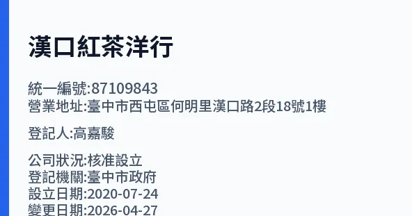 漢口紅茶洋行的照片-統編 87109843(臺中市) 公司登記資料與營業項目詳細圖表