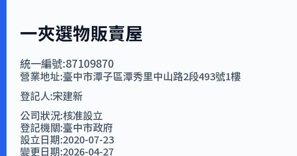 一夾選物販賣屋的照片-統編 87109870(臺中市) 公司登記資料與營業項目詳細圖表