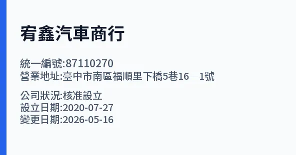 宥鑫汽車商行的照片-統編 87110270(臺中市) 公司登記資料與營業項目詳細圖表
