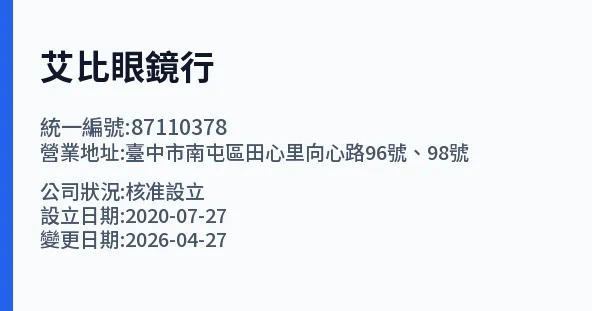 艾比眼鏡行的照片-統編 87110378(臺中市) 公司登記資料與營業項目詳細圖表