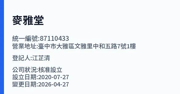 麥雅堂的照片-統編 87110433(臺中市) 公司登記資料與營業項目詳細圖表