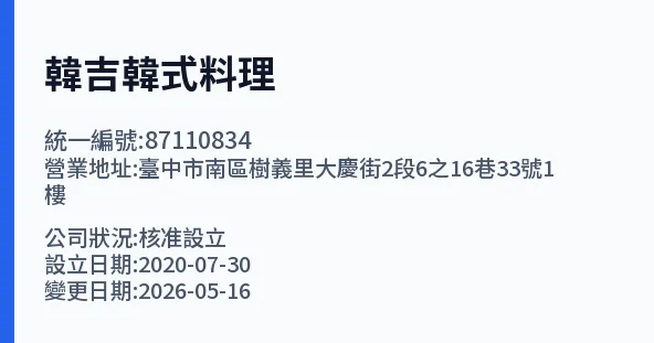 韓吉韓式料理的照片-統編 87110834(臺中市) 公司登記資料與營業項目詳細圖表