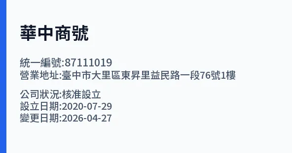 華中商號的照片-統編 87111019(臺中市) 公司登記資料與營業項目詳細圖表