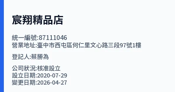 宸翔精品店的照片-統編 87111046(臺中市) 公司登記資料與營業項目詳細圖表