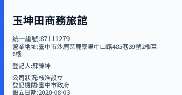 玉坤田商務旅館的照片-統編 87111279(臺中市) 公司登記資料與營業項目詳細圖表