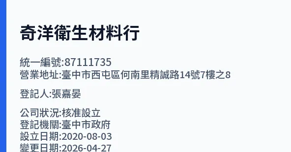 奇洋衛生材料行的照片-統編 87111735(臺中市) 公司登記資料與營業項目詳細圖表