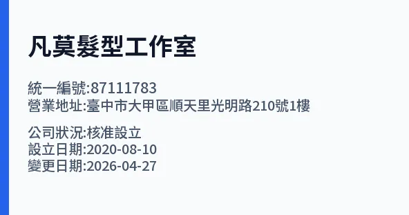 凡莫髮型工作室的照片-統編 87111783(臺中市) 公司登記資料與營業項目詳細圖表