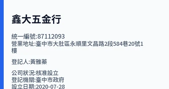 鑫大五金行的照片-統編 87112093(臺中市) 公司登記資料與營業項目詳細圖表