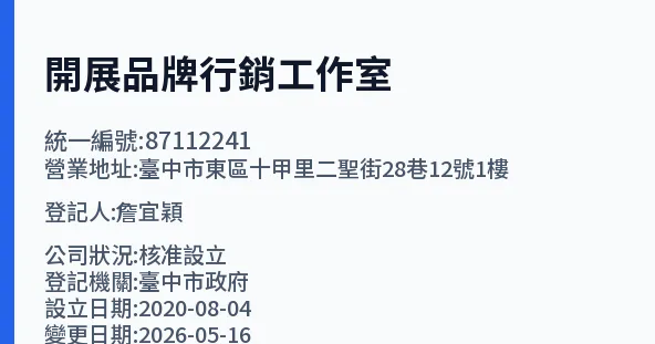 開展品牌行銷工作室的照片-統編 87112241(臺中市) 公司登記資料與營業項目詳細圖表