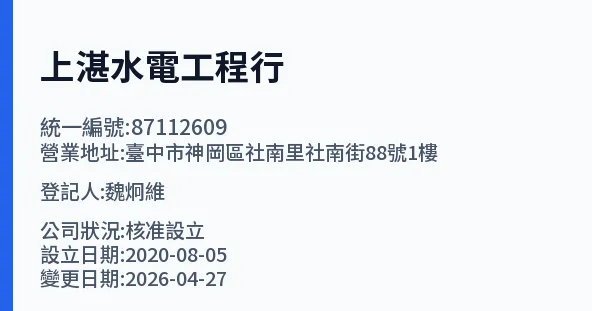 上湛水電工程行的照片-統編 87112609(臺中市) 公司登記資料與營業項目詳細圖表