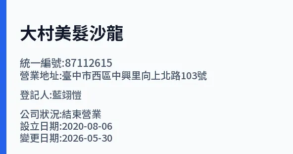 大村美髮沙龍的照片-統編 87112615(臺中市) 公司登記資料與營業項目詳細圖表