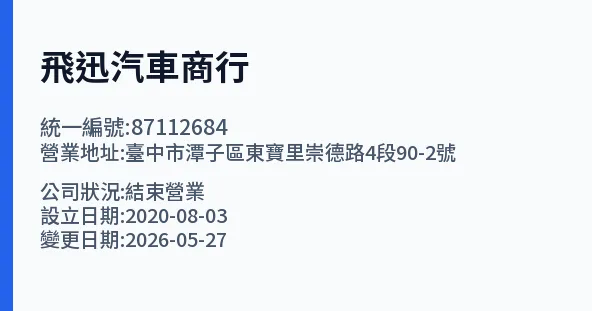 飛迅汽車商行的照片-統編 87112684(臺中市) 公司登記資料與營業項目詳細圖表