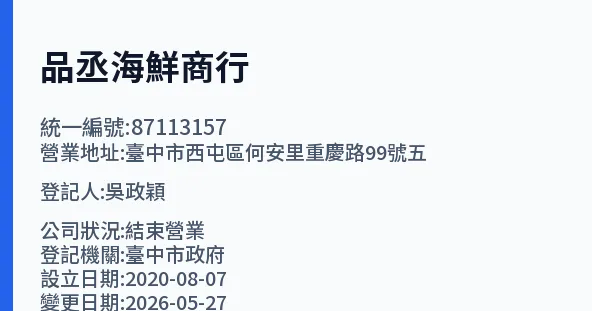 品丞海鮮商行的照片-統編 87113157(臺中市) 公司登記資料與營業項目詳細圖表