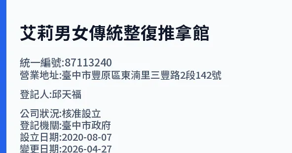 艾莉男女傳統整復推拿館的照片-統編 87113240(臺中市) 公司登記資料與營業項目詳細圖表