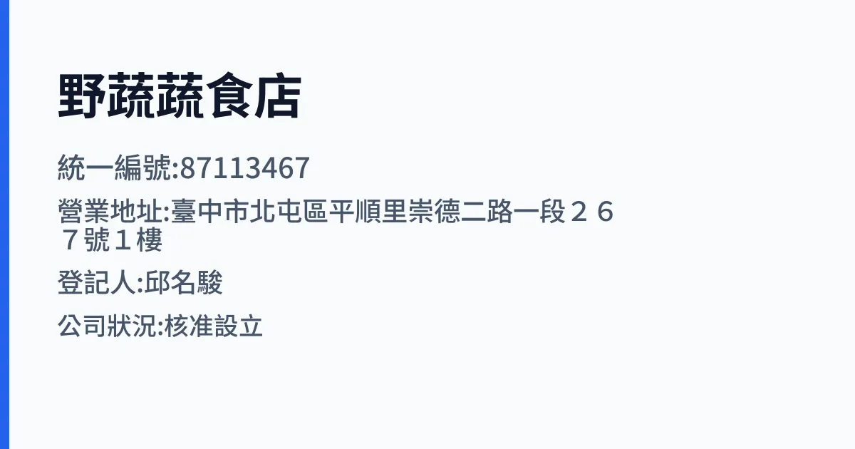 野蔬蔬食店 - 統編 87113467(臺中市) 公司登記資料與營業項目詳細圖表