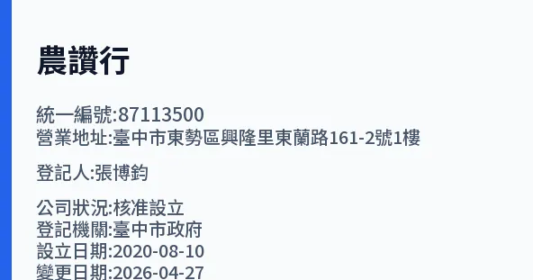 農讚行的照片-統編 87113500(臺中市) 公司登記資料與營業項目詳細圖表
