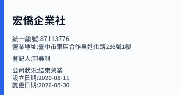 宏僑企業社的照片-統編 87113776(臺中市) 公司登記資料與營業項目詳細圖表