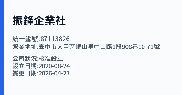 振鋒企業社的照片-統編 87113826(臺中市) 公司登記資料與營業項目詳細圖表