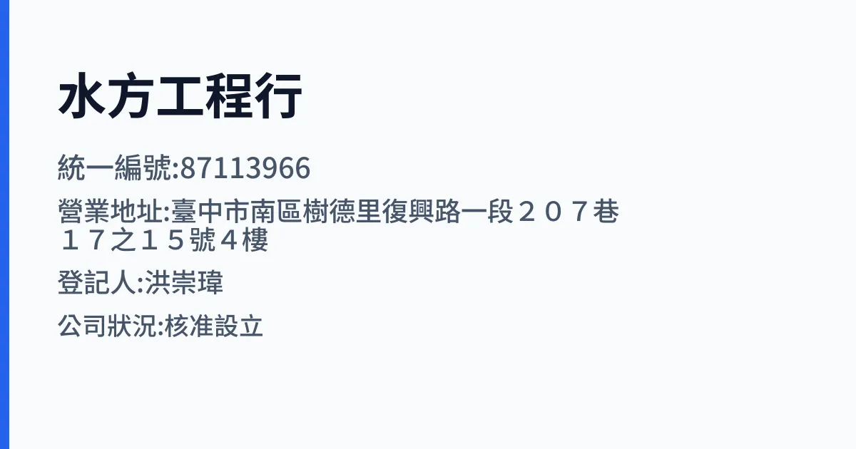 水方工程行 - 統編 87113966(臺中市) 公司登記資料與營業項目詳細圖表
