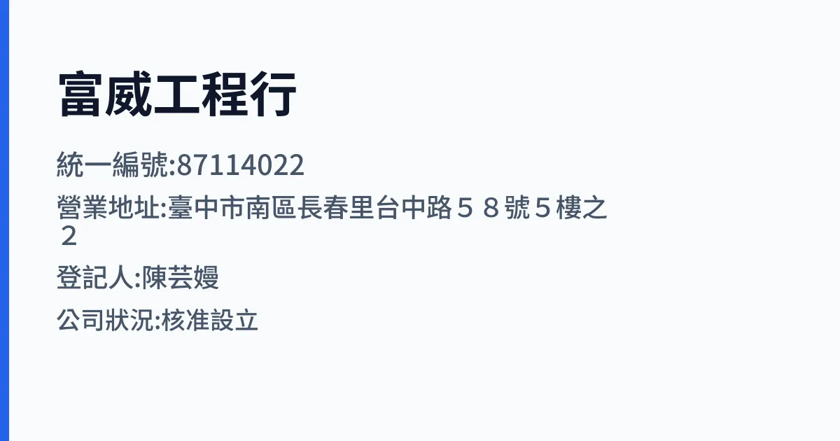 富威工程行 - 統編 87114022(臺中市) 公司登記資料與營業項目詳細圖表