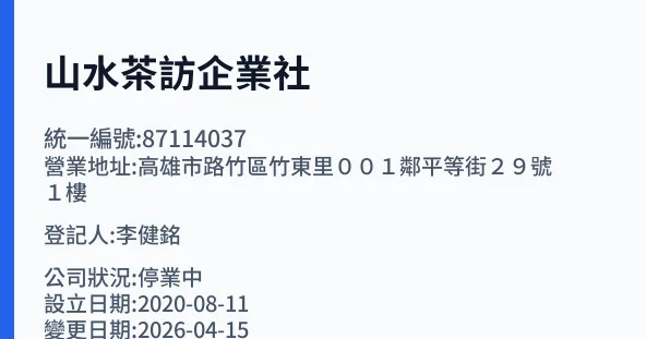 山水茶訪企業社的照片-統編 87114037(高雄市) 公司登記資料與營業項目詳細圖表