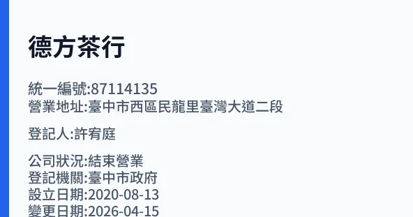 德方茶行的照片-統編 87114135(臺中市) 公司登記資料與營業項目詳細圖表