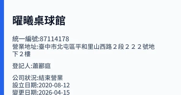 曜曦桌球館的照片-統編 87114178(臺中市) 公司登記資料與營業項目詳細圖表