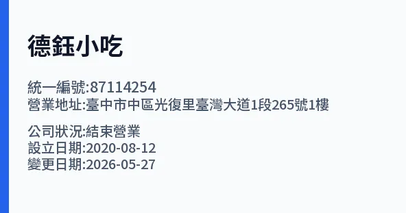 德鈺小吃的照片-統編 87114254(臺中市) 公司登記資料與營業項目詳細圖表