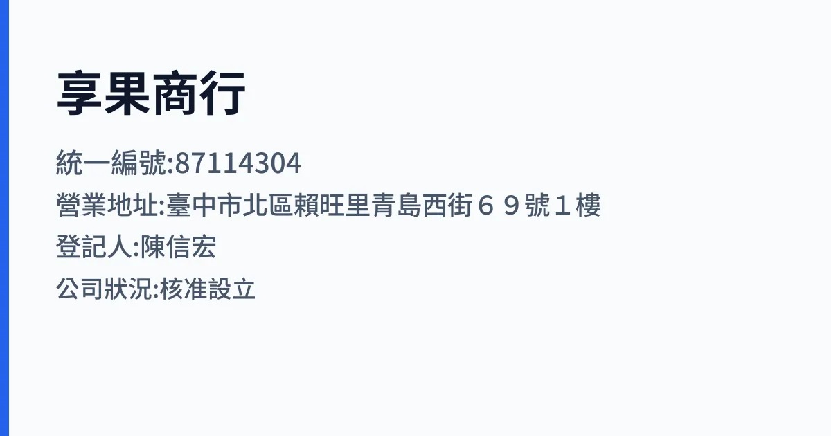 享果商行 - 統編 87114304(臺中市) 公司登記資料與營業項目詳細圖表