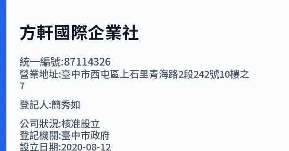 方軒國際企業社的照片-統編 87114326(臺中市) 公司登記資料與營業項目詳細圖表