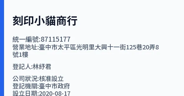 刻印小貓商行的照片-統編 87115177(臺中市) 公司登記資料與營業項目詳細圖表