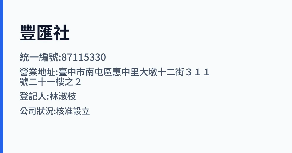 豐匯社 - 統編 87115330(臺中市) 公司登記資料與營業項目詳細圖表