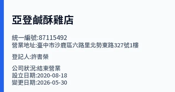 亞登鹹酥雞店的照片-統編 87115492(臺中市) 公司登記資料與營業項目詳細圖表