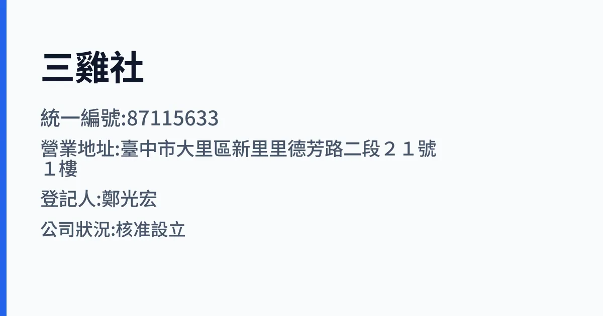 三雞社 - 統編 87115633(臺中市) 公司登記資料與營業項目詳細圖表