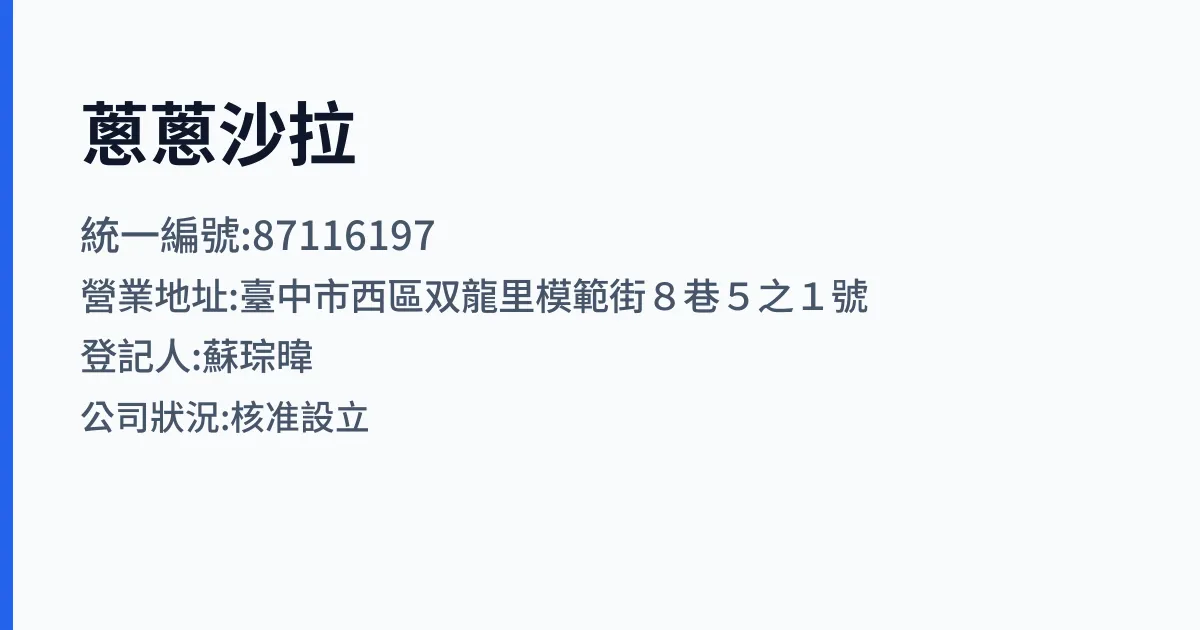 蔥蔥沙拉 - 統編 87116197(臺中市) 公司登記資料與營業項目詳細圖表