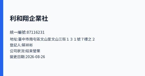 利和翔企業社的照片-統編 87116231(臺中市) 公司登記資料與營業項目詳細圖表