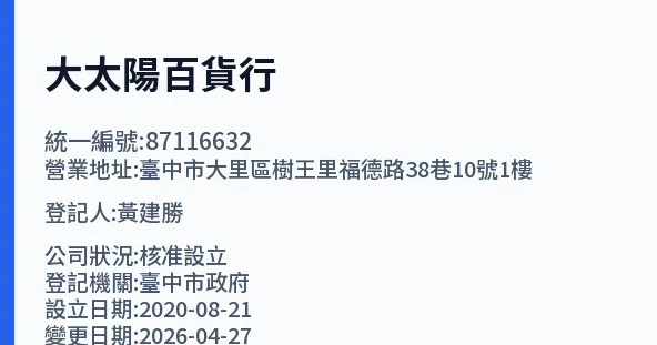 大太陽百貨行的照片-統編 87116632(臺中市) 公司登記資料與營業項目詳細圖表