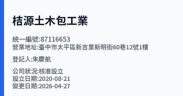 桔源土木包工業的照片-統編 87116653(臺中市) 公司登記資料與營業項目詳細圖表