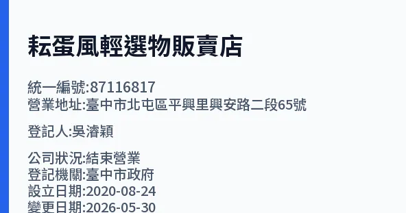 耘蛋風輕選物販賣店的照片-統編 87116817(臺中市) 公司登記資料與營業項目詳細圖表