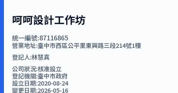 呵呵設計工作坊的照片-統編 87116865(臺中市) 公司登記資料與營業項目詳細圖表