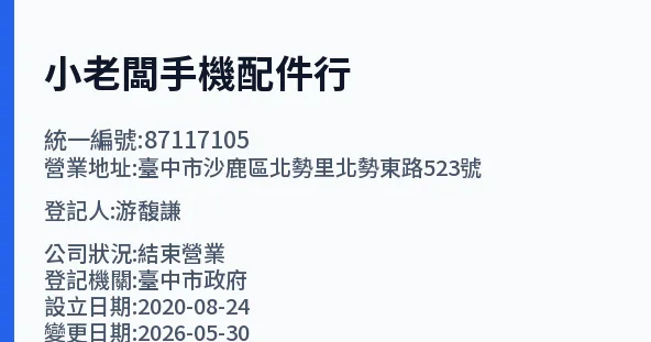 小老闆手機配件行的照片-統編 87117105(臺中市) 公司登記資料與營業項目詳細圖表