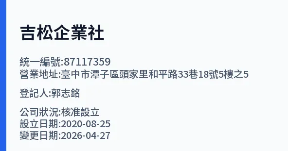 吉松企業社的照片-統編 87117359(臺中市) 公司登記資料與營業項目詳細圖表