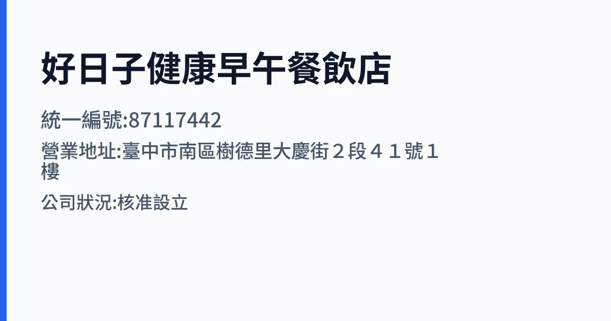 好日子健康早午餐飲店 - 統編 87117442(臺中市) 公司登記資料與營業項目詳細圖表