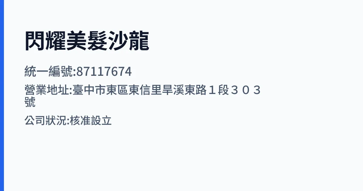 閃耀美髮沙龍 - 統編 87117674(臺中市) 公司登記資料與營業項目詳細圖表
