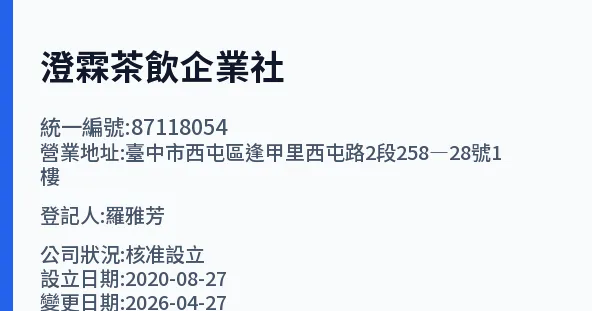 澄霖茶飲企業社的照片-統編 87118054(臺中市) 公司登記資料與營業項目詳細圖表