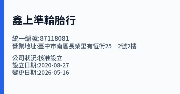 鑫上準輪胎行的照片-統編 87118081(臺中市) 公司登記資料與營業項目詳細圖表