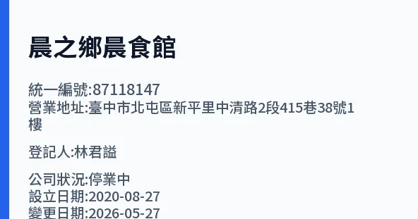 晨之鄉晨食館的照片-統編 87118147(臺中市) 公司登記資料與營業項目詳細圖表