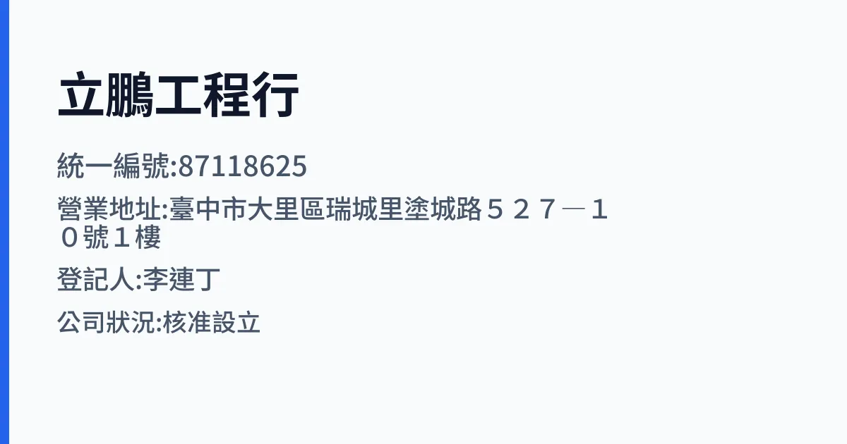 立鵬工程行 - 統編 87118625(臺中市) 公司登記資料與營業項目詳細圖表