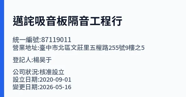 邁詫吸音板隔音工程行的照片-統編 87119011(臺中市) 公司登記資料與營業項目詳細圖表