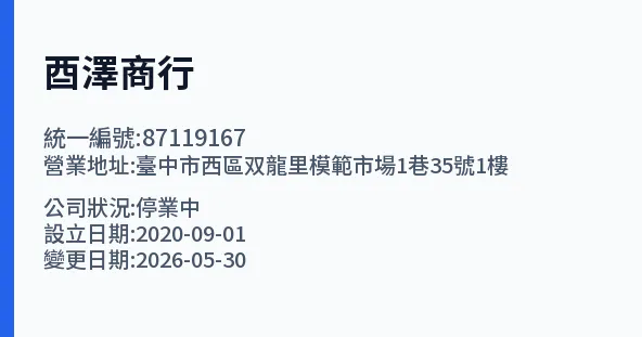 酉澤商行的照片-統編 87119167(臺中市) 公司登記資料與營業項目詳細圖表